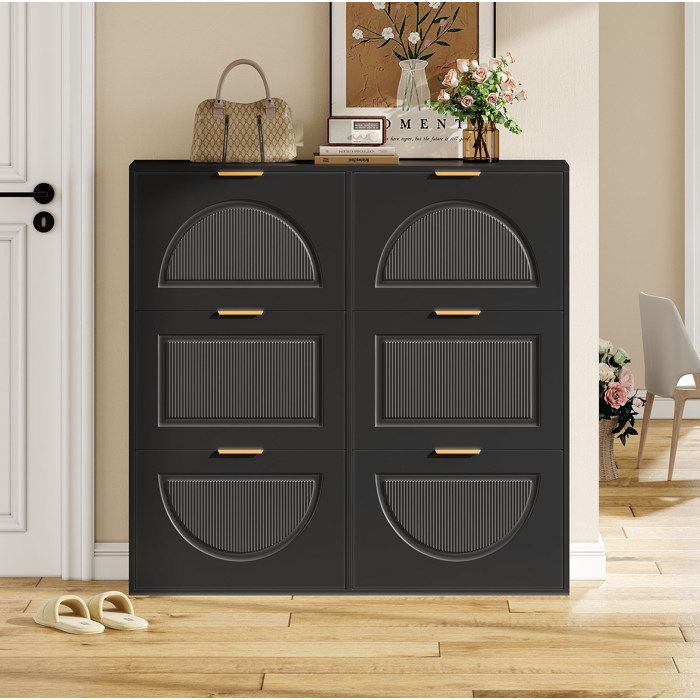 ELVORIN Meuble a chaussures, 118 x 25 x 115 cm, MDF, noir, 6 abattants ...