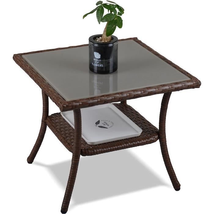 Table d'appoint carrée en osier avec plateau en verre et plateau en ...