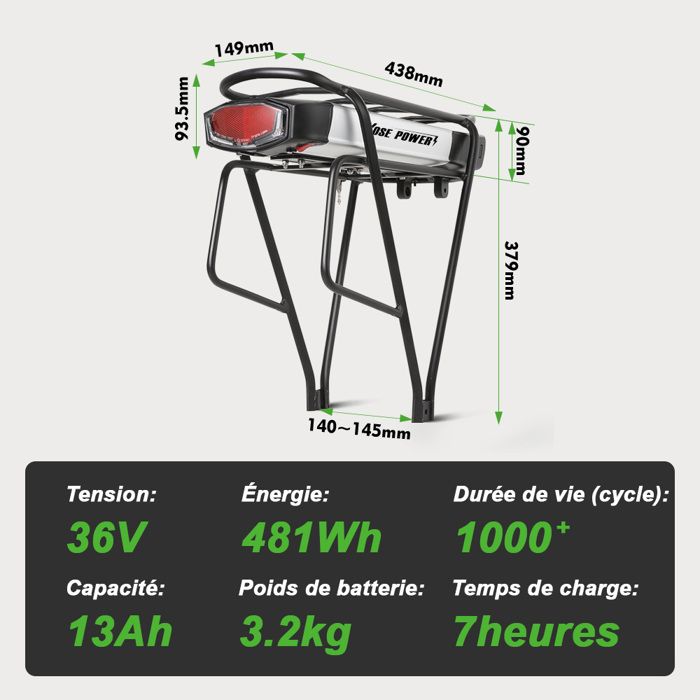 YOSE POWER Porte-bagages Batterie vélo électrique 36V 13Ah (481Wh ...