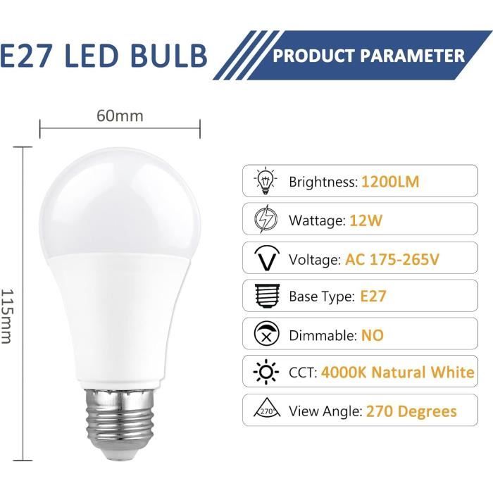 Lot de 6 Ampoule LED E27 12W Blanc Neutre 4000K, Équivalent 100W Incandescence, 1200lm, Ampoule ...