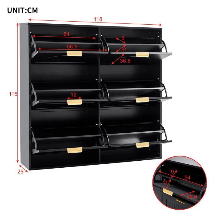 ELVORIN Meuble a chaussures, 118 x 25 x 115 cm, MDF, noir, 6 abattants ...