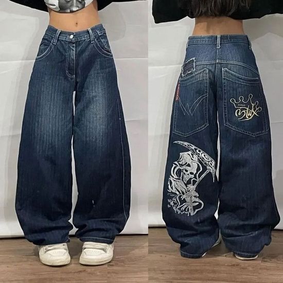 Jean baggy taille haute imprimé tête de mort pour femme,pantalon en ...