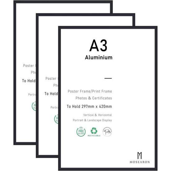 Lot de 3 cadres photo, format A3, pour certificat, en aluminium, noirs ...