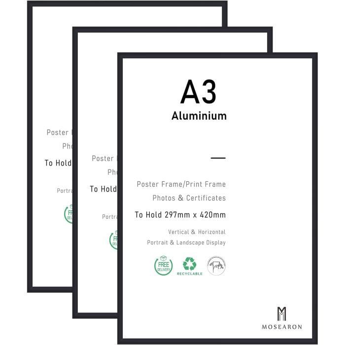 Lot de 3 cadres photo, format A3, pour certificat, en aluminium, noirs ...