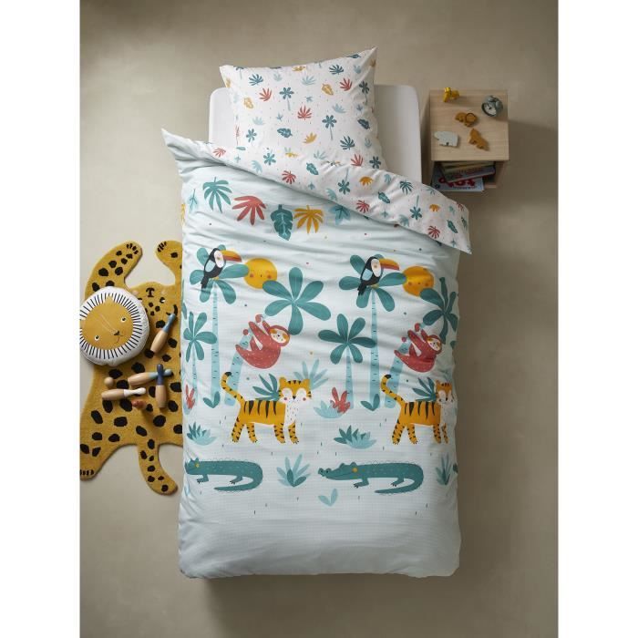VERTBAUDET Parure housse de couette + taie d'oreiller enfant polycoton CROCOJUNGLE Oeko-Tex ...