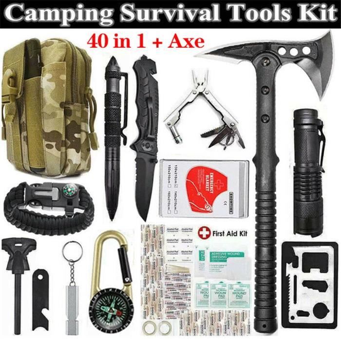 Kit de Survie d'urgence 40 en 1 Multi-Outils De Survie Tactical Survival Tomahawk Hache de ...