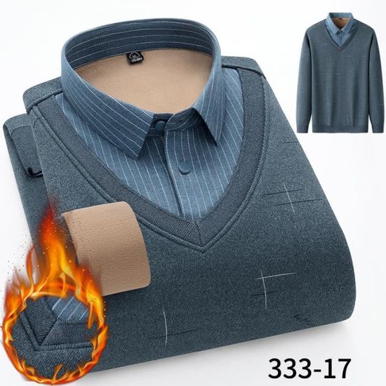 Pull à col épais en polaire pour homme,faux deux pièces,tricot chaud ...