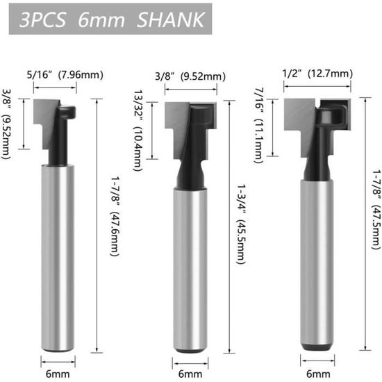 Fraise en Rainure en T - SANAG - 3Pcs - 7,93/9,52/12,7mm - Alliage YG6 - Pour Routeur ...
