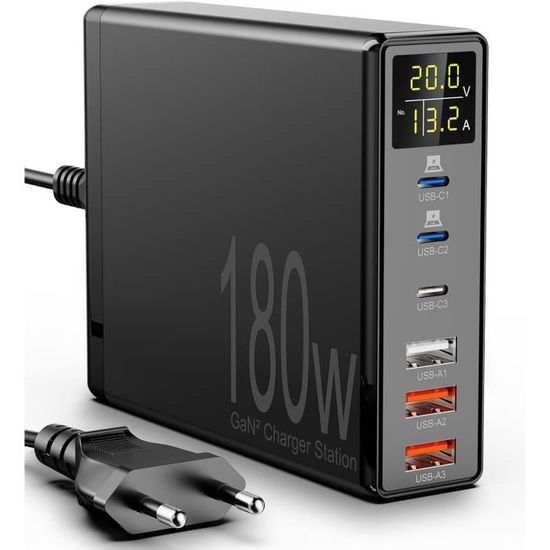 Chargeur USB C 180W GaN, Bin Chargeur USB Multiple Rapide PD3.1, Station de Charge à 6 Ports ...