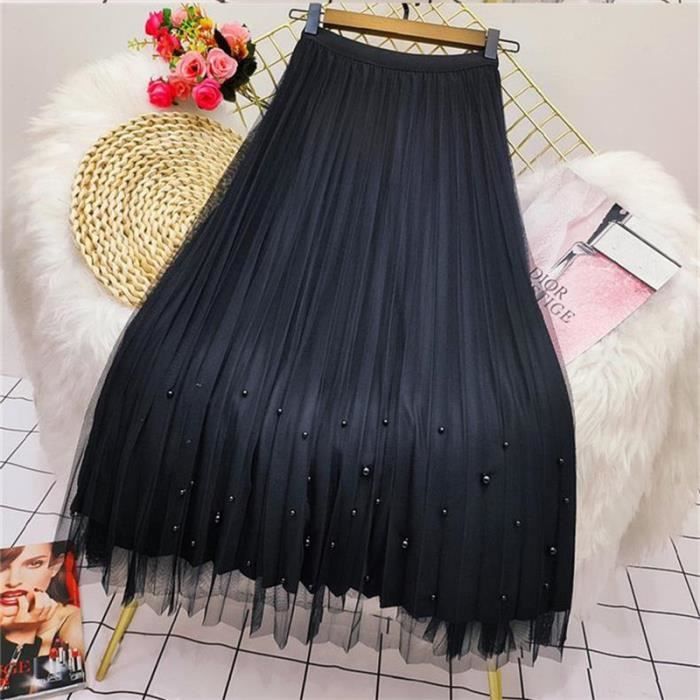 Jupe,Jupe longue en maille et velours pour femme, vêtement avec des perles sur les deux côtés ...