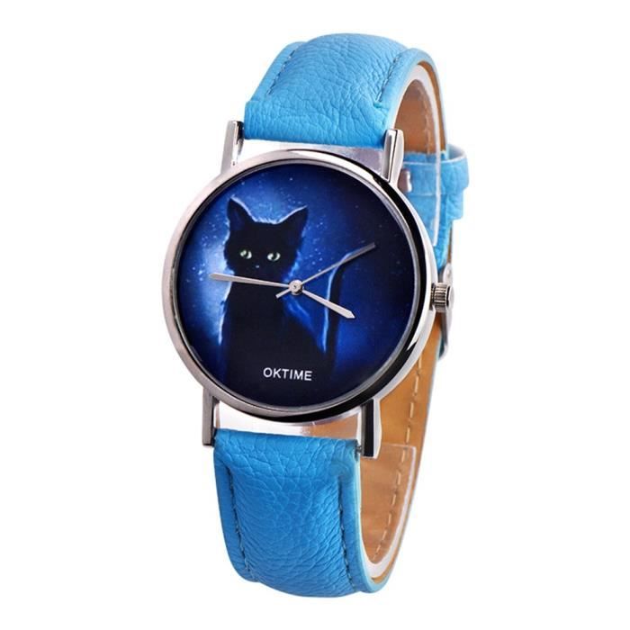 Montre de chat Noir Dessin animé Cadran rond imitation Bande de cuir ...