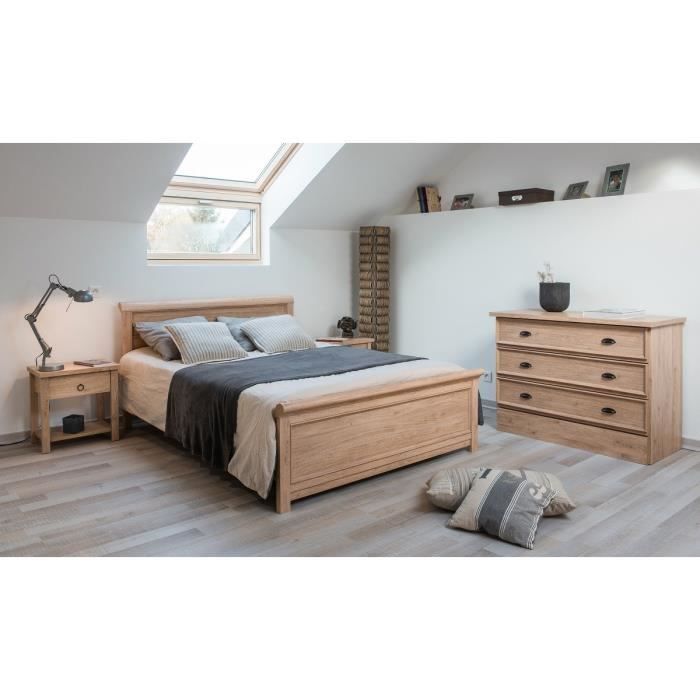 LOUISE Lit adulte classique - Barre de lit en bois massif - Décor chêne ...