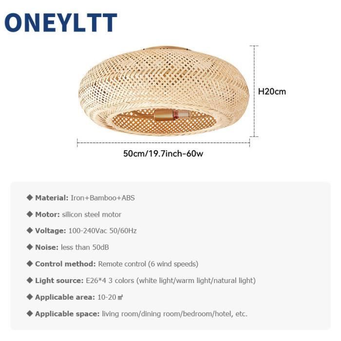 Ventilateur de plafond - RUMOCOVO - FT-CF12 - Bambou rond - LED - 50 cm ...