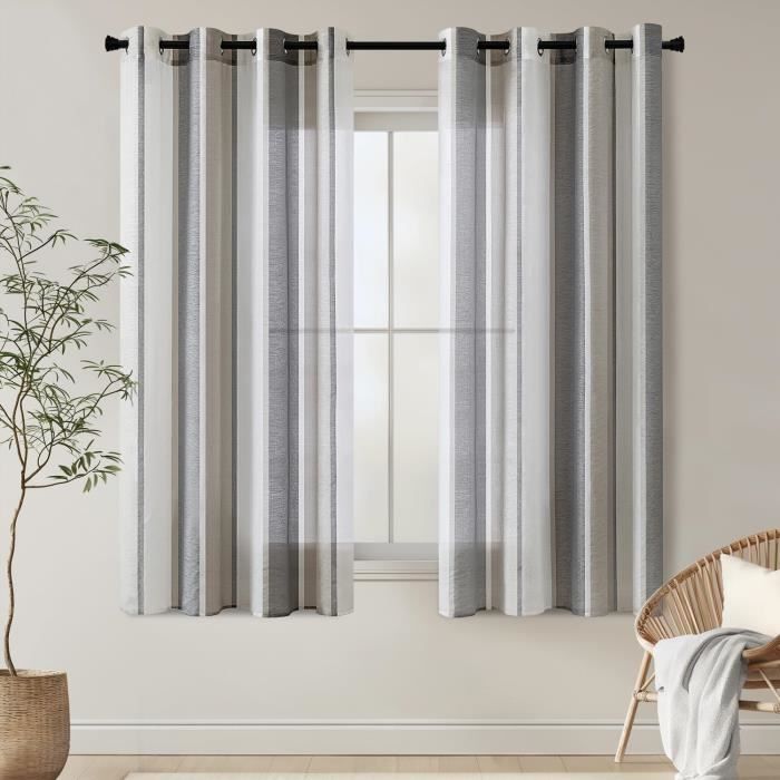 Rideaux rayés Voile Rideaux Salon Set de 2*140x160cm Blancs et Gris ... Rideaux rayés Voile Rideaux Salon Set de 2*140x160cm Blancs et Gris ...