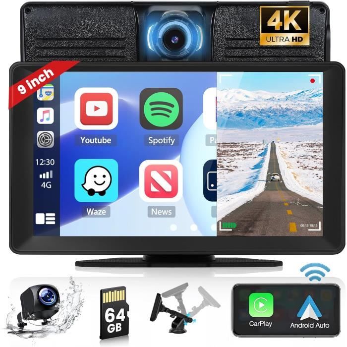 Carplay Sans Fil Ecran Voiture Dashcam 4K Android Auto Sans Fil Avec ...