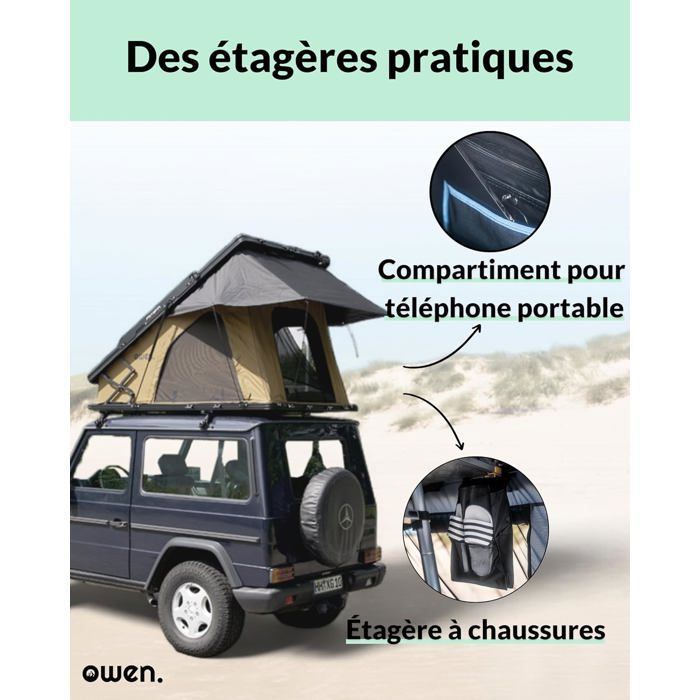 Tente de Toit Rigide OWEN - 2-3 pers. - Noir/Beige - Échelle, Matelas ...