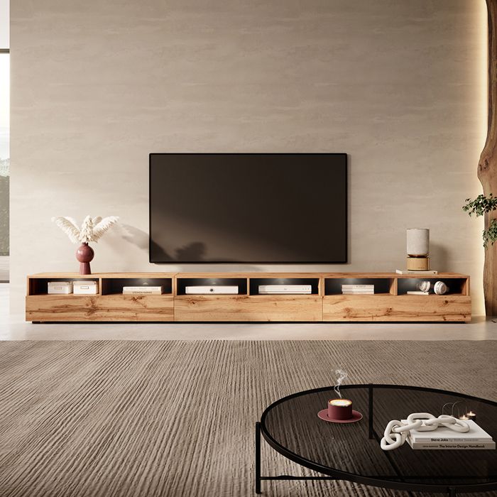 Meuble TV - REDNAW - 300 cm - chêne wotan - 6 niches ouvertes - style ...