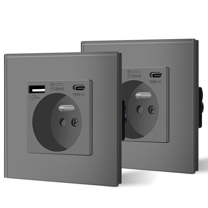 Prise Usb C 2 Paquets, Prise Murale En Verre Avec Usb Et 1 Type C ...