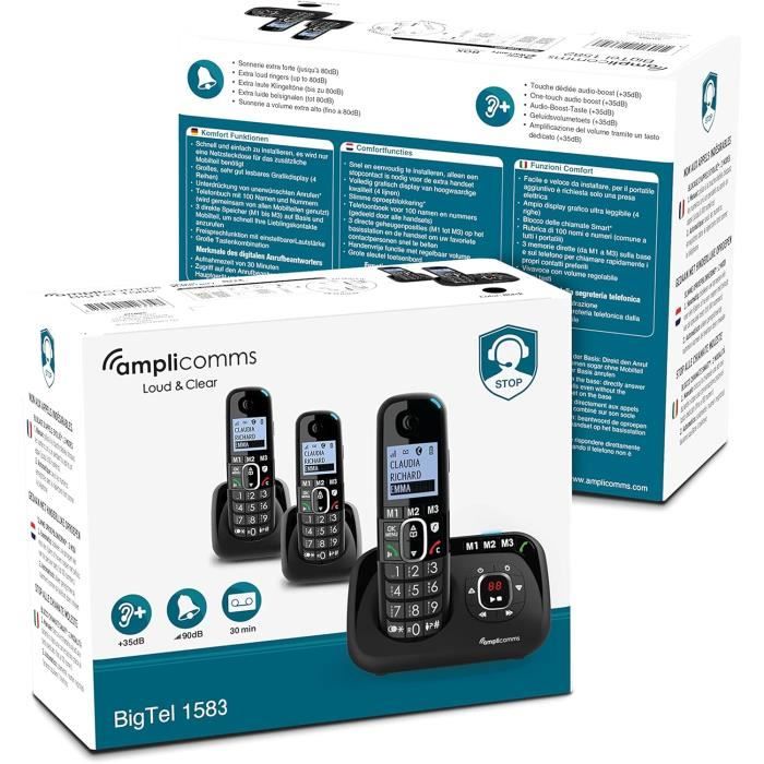 Amplicomms BigTel 1583 Trio, téléphone DECT sans Fil à Grosses Touches ...