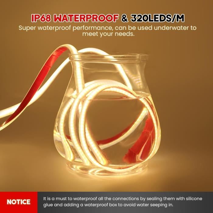 12V Ruban Led Cob Autocollant, 320Leds-M Ip68 Étanche Super Lumineux Bandeau Flexible Ruban Led ...