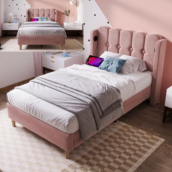 Lit fille 90x200 cm avec chargement USB type C, lit 1 place avec ...