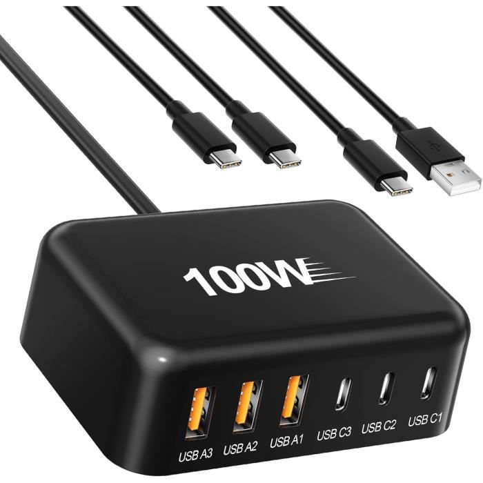 100W Station Charge Usb C Avec Cable Type C 1.8M, Pd20W*3+ Qc18W*3, 6 ...