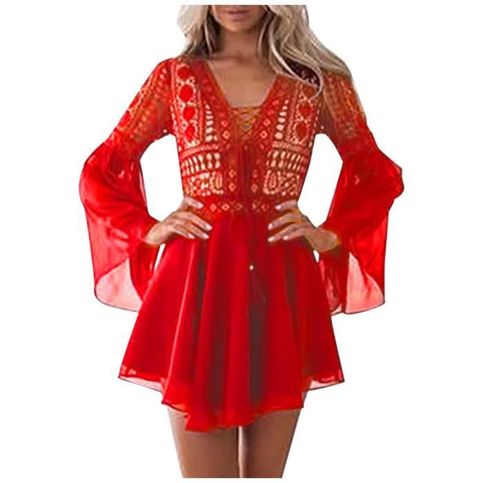 Sasaquoy Mini-robe évasée à manches longues et à col en V pour femmes à ...