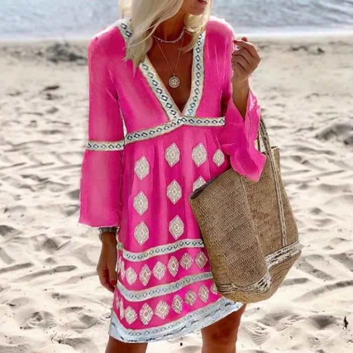 Robe Femme Été Col V Robe Droite Fluide Manches 3-4 Robe Mi Longue ...