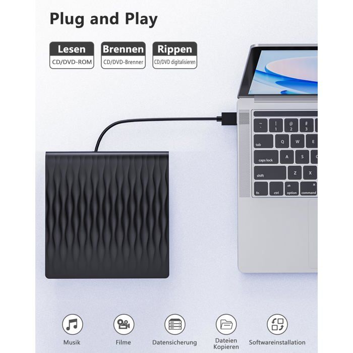 Lecteur Graveur DVD CD Externe USB 3.0 Type-C Slim Portable pour PC ...