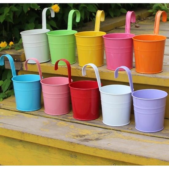 Ensemble de 10 pots de fleurs en fer suspendus colorés pour balcon ou ...
