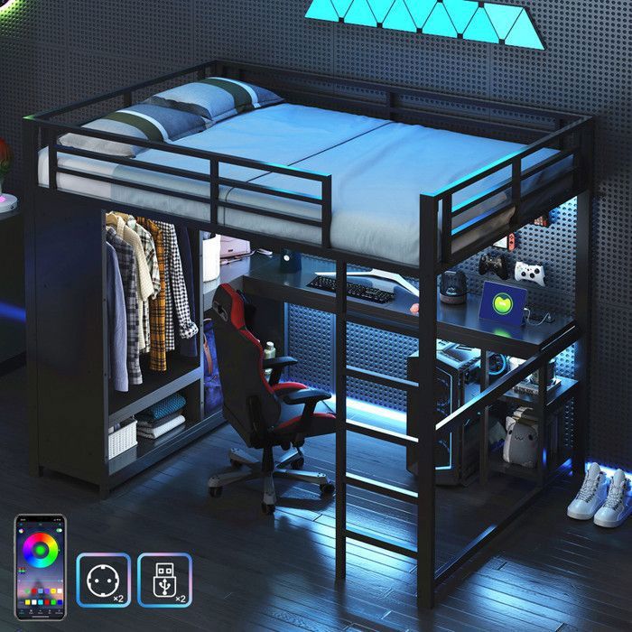 Lit Mezzanine 2 places 140x200 avec LED, App, Multiprise USB, Lit ...