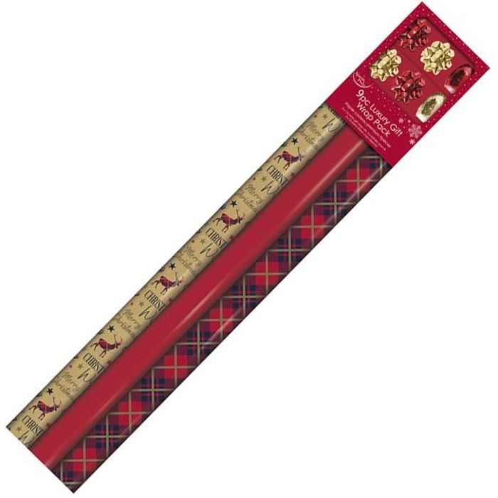 Set de 3 rouleaux papier cadeau Métal Tartan 1,5m + 2 bolducs + 4 nœuds ...