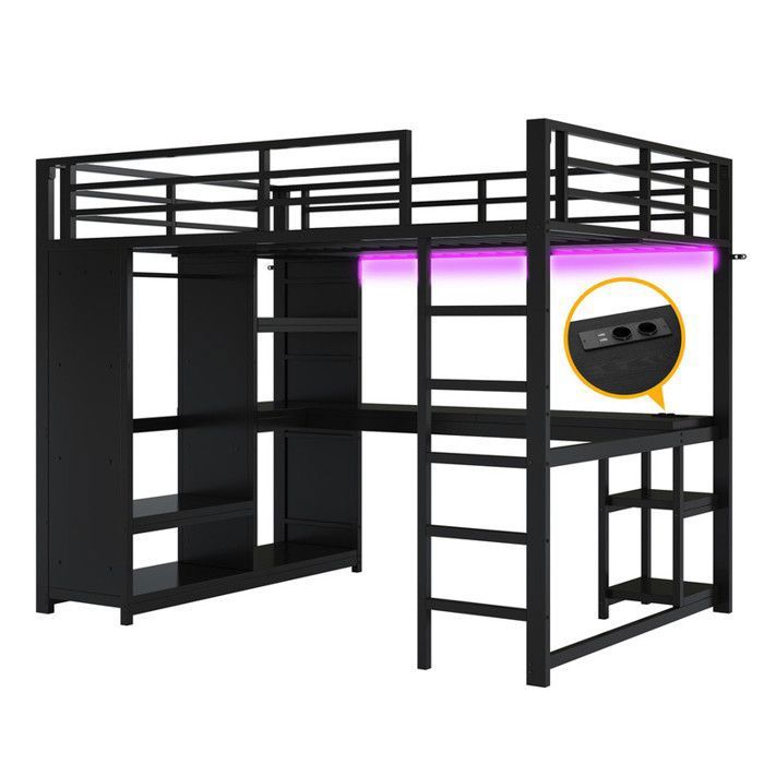 Lit Mezzanine 2 places 140x200 avec LED, App, Multiprise USB, Lit ...