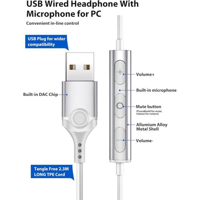 Casque Usb Pc Filaire Avec Micro,2,3M Magnétique Écouteur Filaires Usb ...