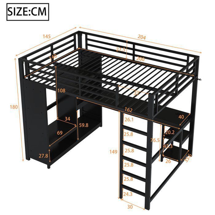Lit Mezzanine 2 places 140x200 avec LED, App, Multiprise USB, Lit ...