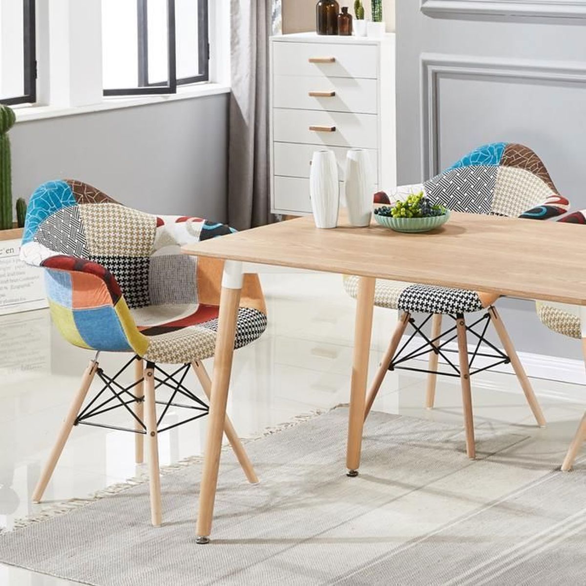 Chaise en Tissu Patchwork avec Accoudoirs - Pieds en Métal - Salle à Manger ou Cuisine ...
