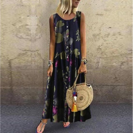 Robe maxi longue bohème à col rond imprimé floral vintage sans manches ...