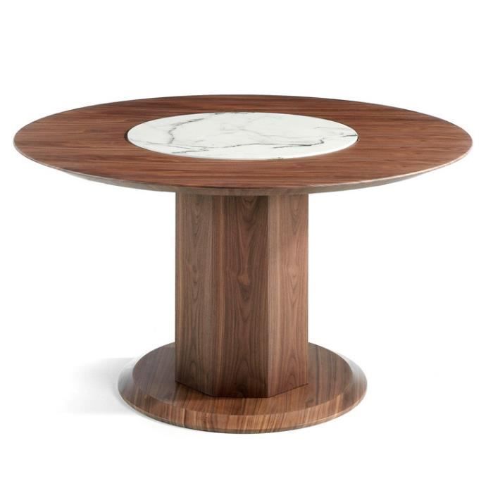 Table ronde bois noyer et plateau tournant en marbre céramique blanc ...