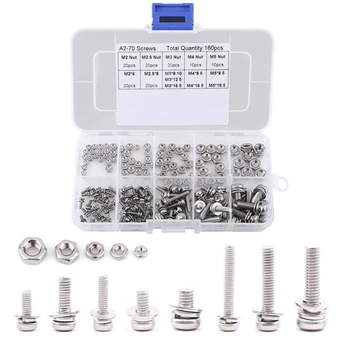 Zerone boulons 160 pièces en acier inoxydable SS304 vis à tête cylindrique Kit d'assortiment d ...