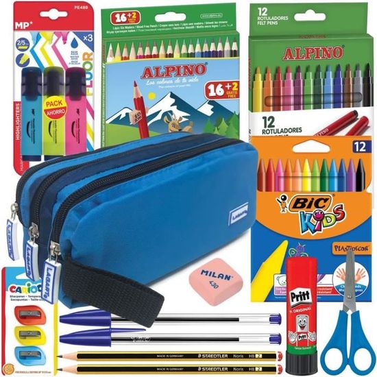 Pack Matériel Scolaire Primaire Trousse 3 Fermetures Éclair, Marqueurs ...