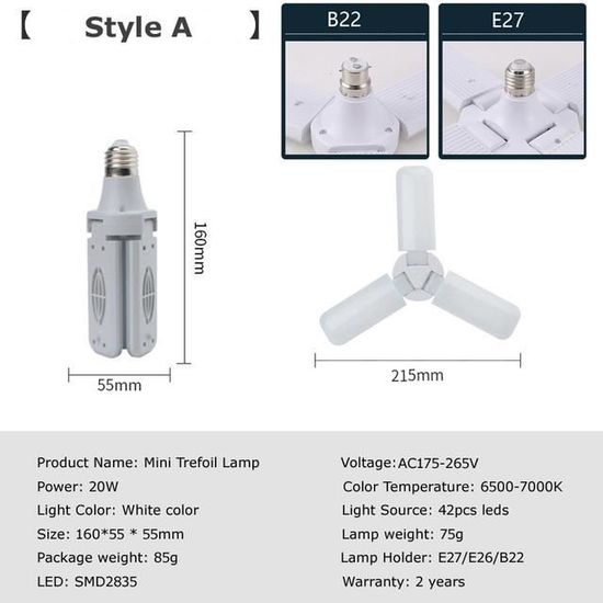 Ampoule,Style A-WHITE-E27--Plafonnier LED suspendu avec hélice de ventilateur pliable, aucun ...