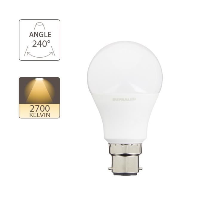 Ampoule LED (A60), culot B22, conso. 5W (eq. 40W), 470 lumens, blanc ...