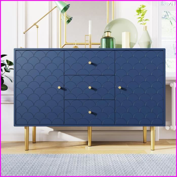Commode - KEEN SO - 3 Tiroirs - 2 Portes - Bois Massif - Bleu Marine ...