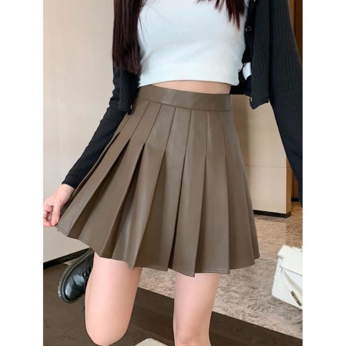Mini Jupe Plissee En Cuir Pu Marron Femmes-Jupe Vintage Harajuku ...