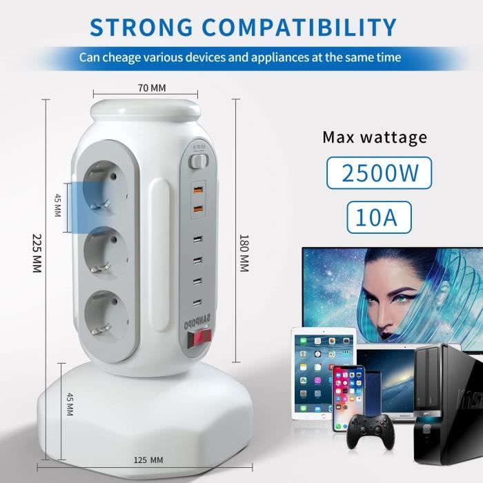 Multiprise Electrique, Multiprise Verticale 9 Prises et 6 Ports USB ...