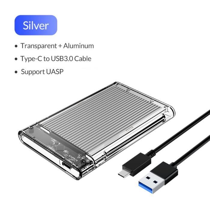 Type-C argent - boîtier Transparent pour disque dur SATA vers USB3.0 ...
