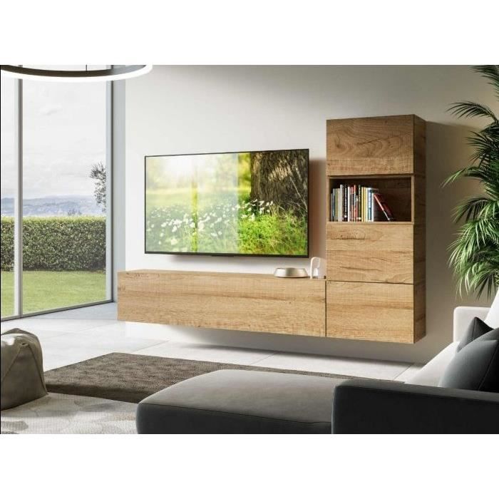 Meuble TV modulable suspendu bois naturel Bela L 234 cm - 5 pièces ...