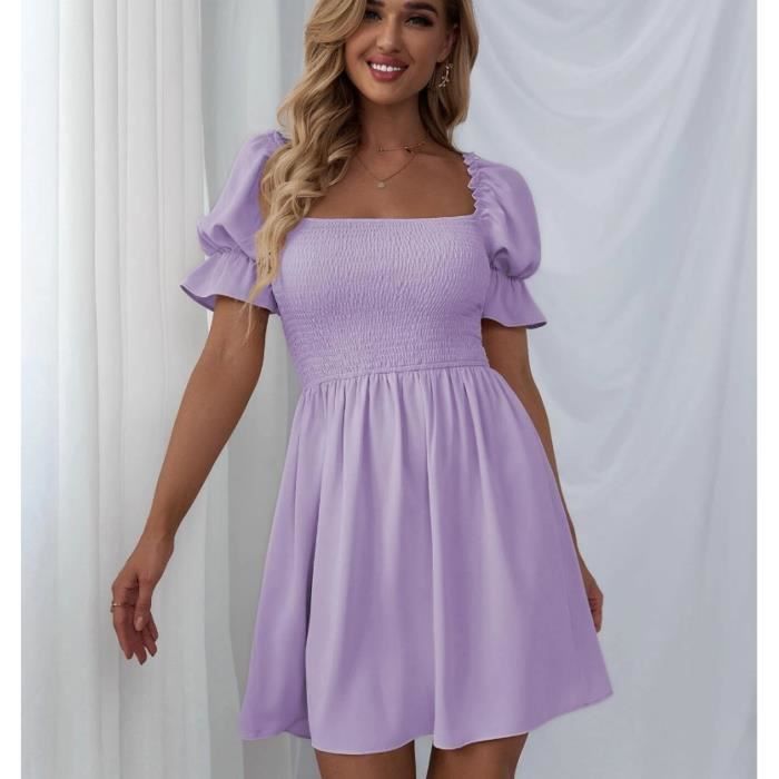 Femme Printemps Été Col Carré Robe Demi Manches Bouffantes A Ligne ...