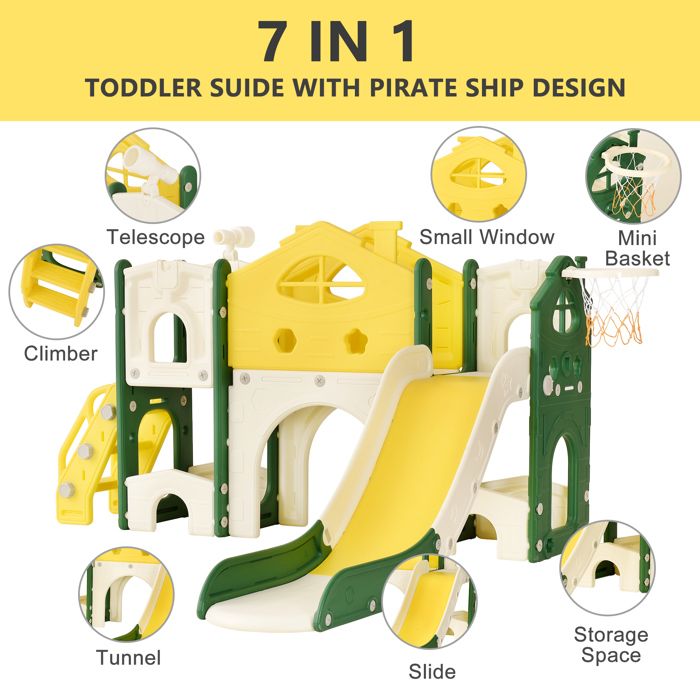 Toboggan Enfant 7 en 1 avec Panier de Basket et Télescope, Aire de Jeux ...