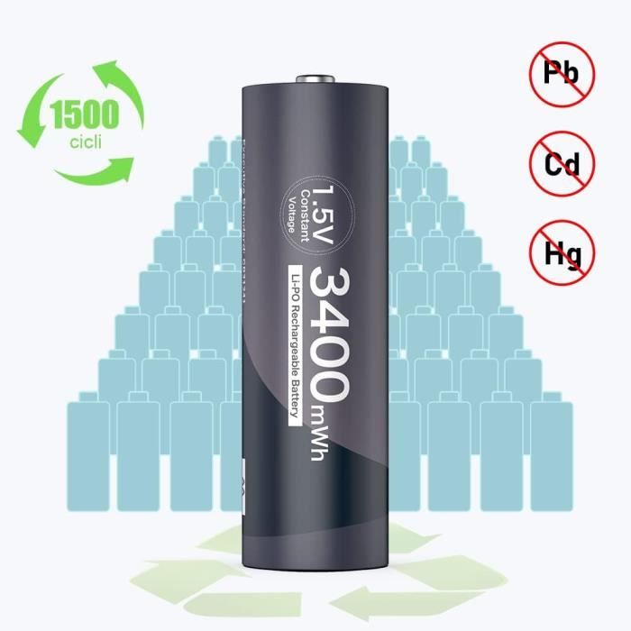 Piles Rechargeables Aa Lithium 1,5V 3400Mwh, Paquet De 4 Piles Aa Rechargeables Avec Lcd ...